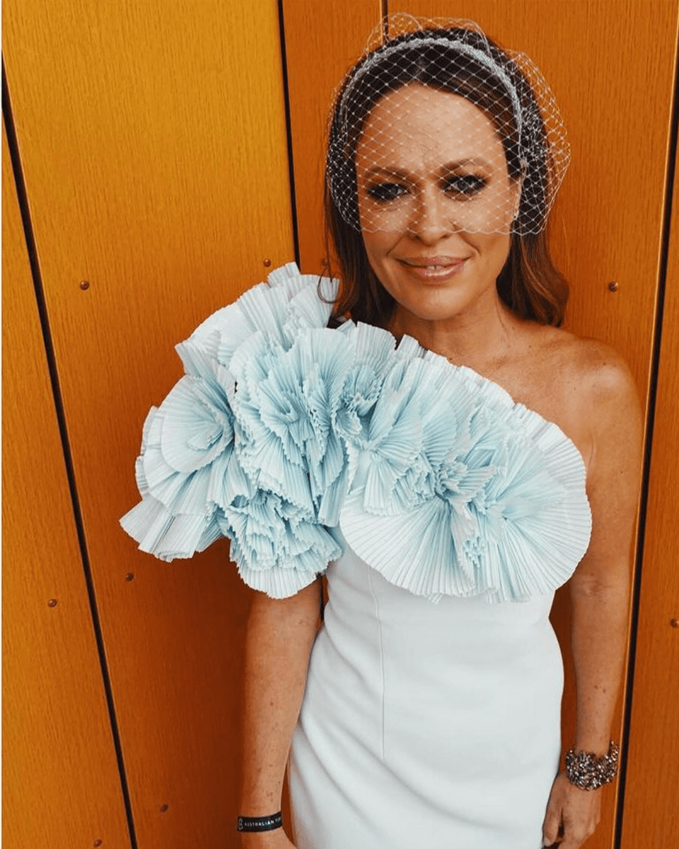 Angela Cox wearing "IZZY" in blue – FORD MILLINERY