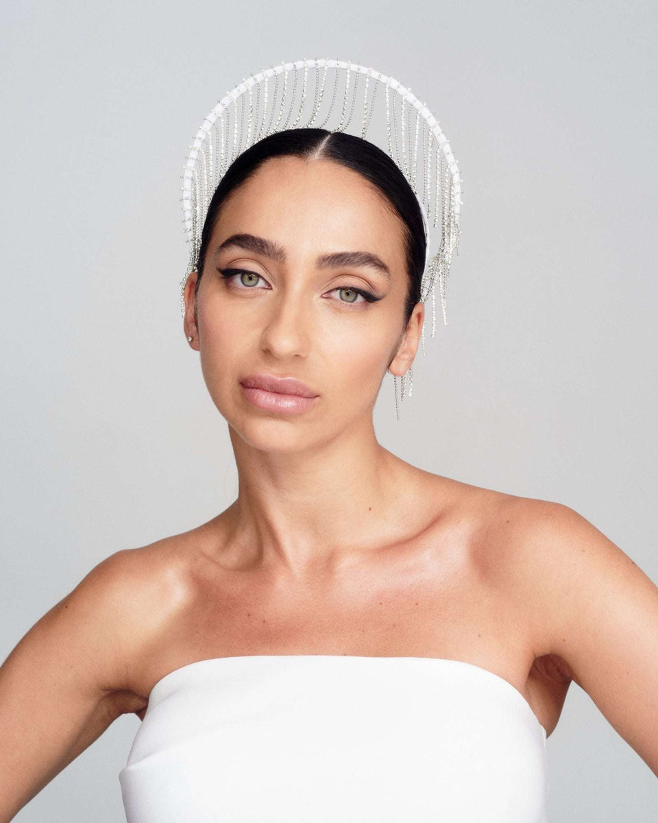 RAE | Luxury bridal crown with cascading beads – FORD MILLINERY