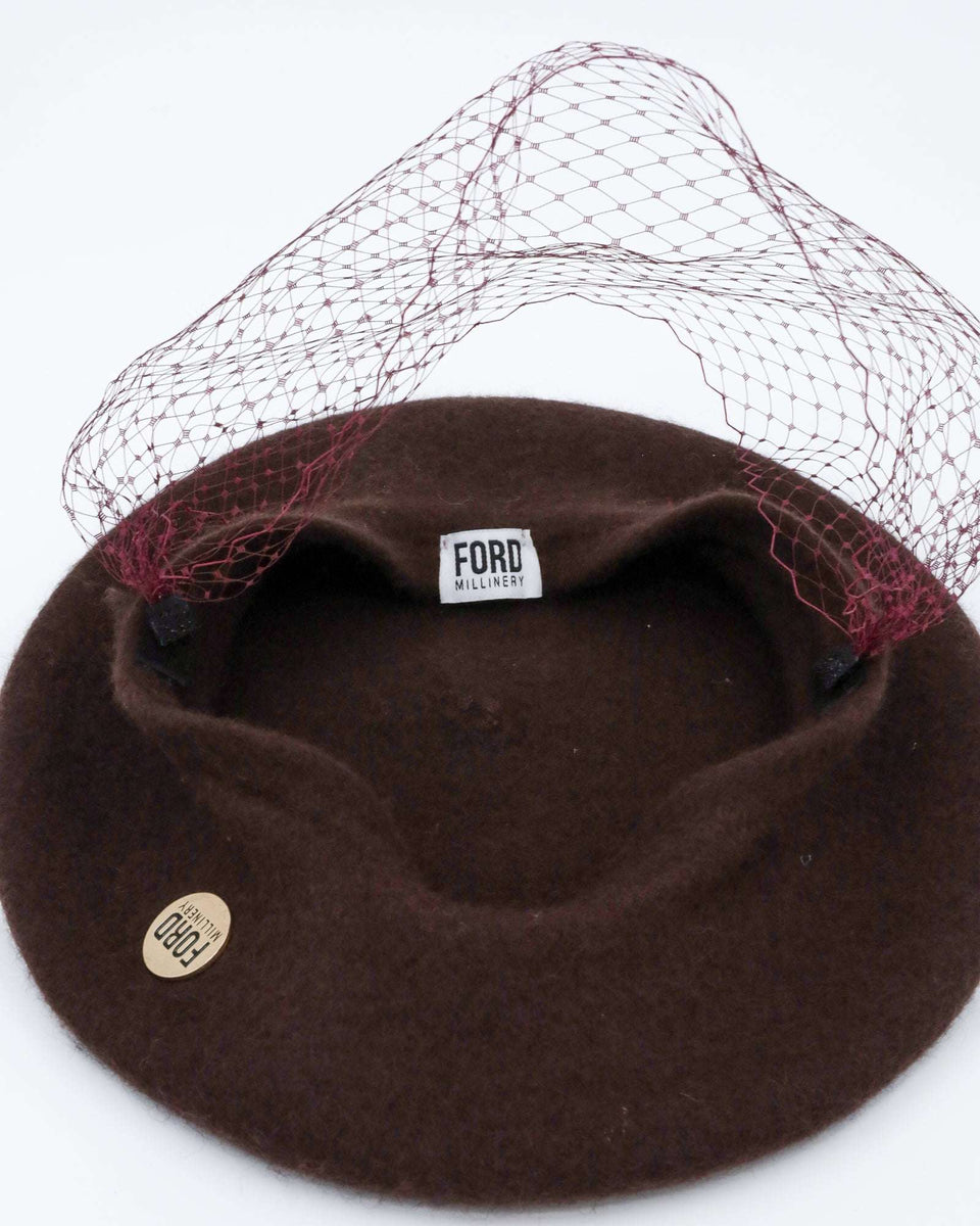 "NIKKI" Brown Wool Beret with Veil by Australian label, FORD MILLINERY