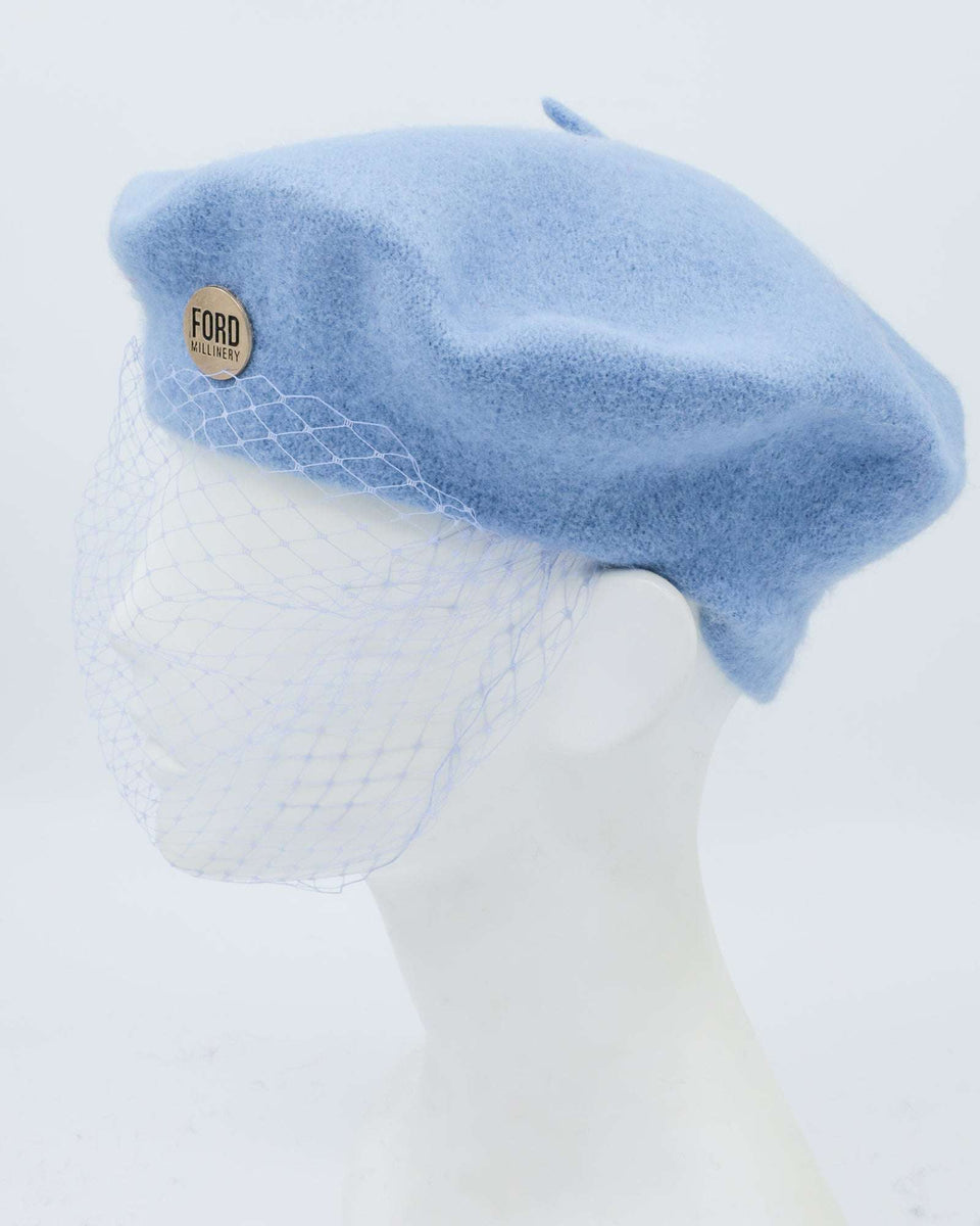 "NIKKI" Light Blue Wool Beret with Veil by Australian label, FORD MILLINERY