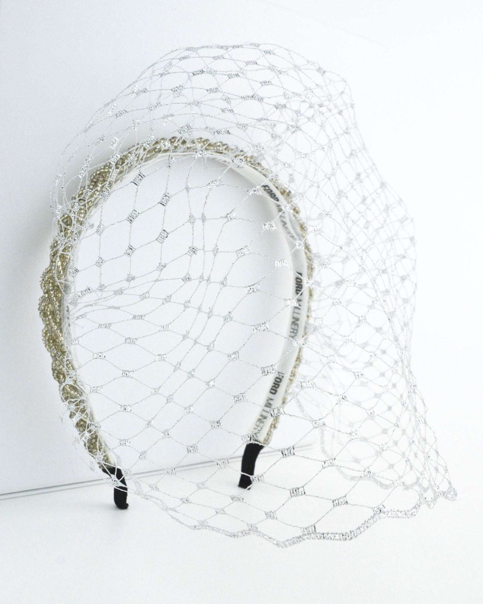"IZZY" Silver veiled fascinator by Australian label, FORD MILLINERY